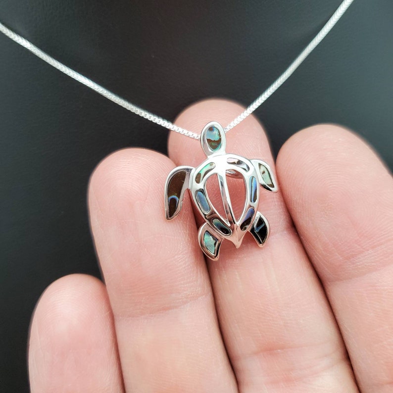 EMV #22 Dainty Abalone Inlay Sea Turtle Necklace Pendant With Silver ...