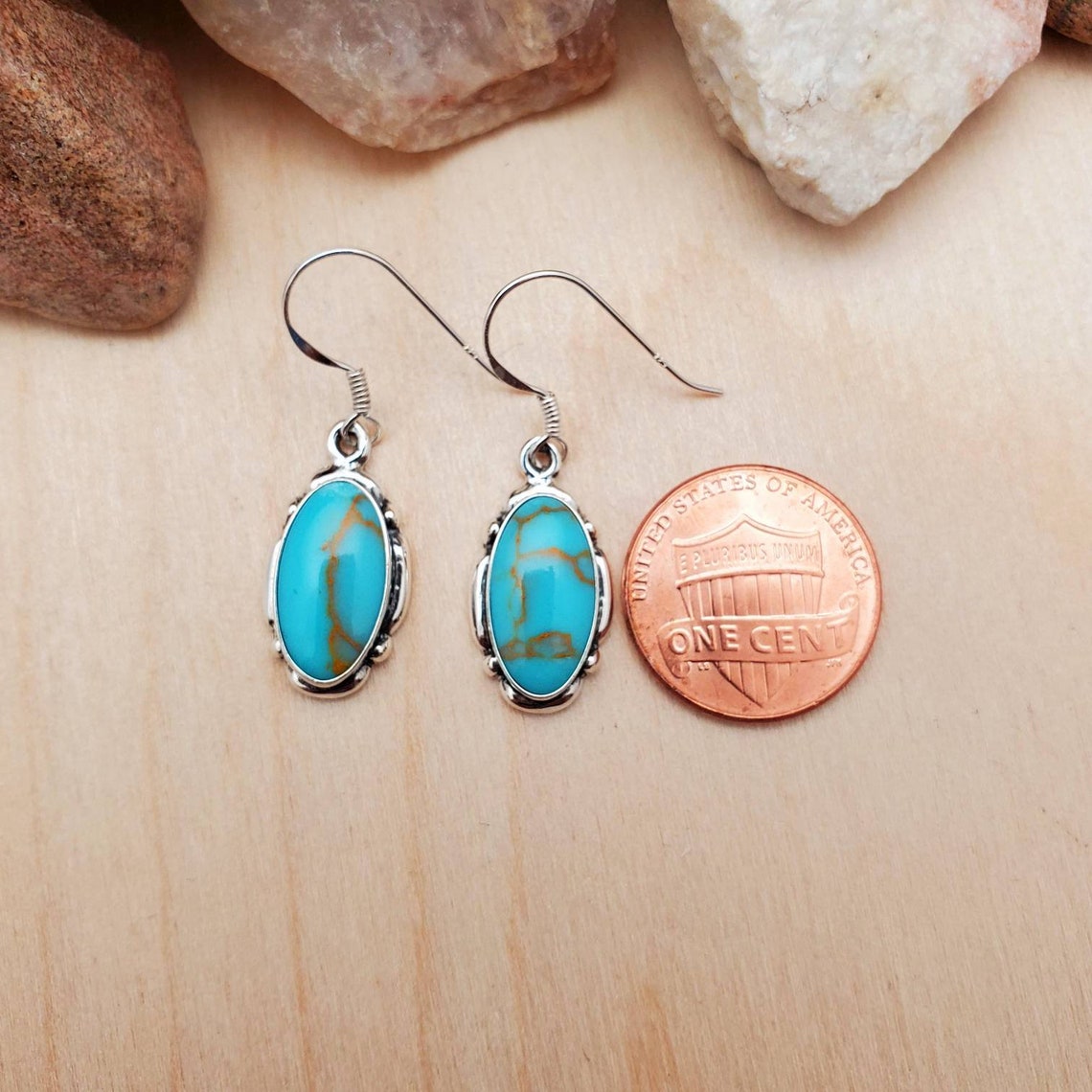 925forher Dainty Long Oval Turquoise Dangle Earrings Kingman - Etsy