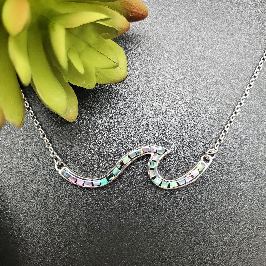 EMV #84 Dainty Abalone Inlay Wave Necklace Pendant | Silver Chain 17 in ...