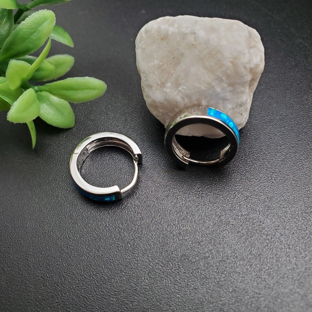 TULU #252 | Dainty Blue Opal Inlay Hoop Earrings | Sterling Silver Opal ...