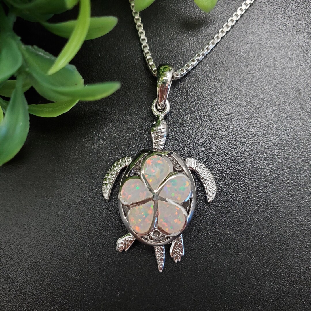 TULU #196 | Big White Opal Inlay Sea Turtle Necklace Pendant With ...
