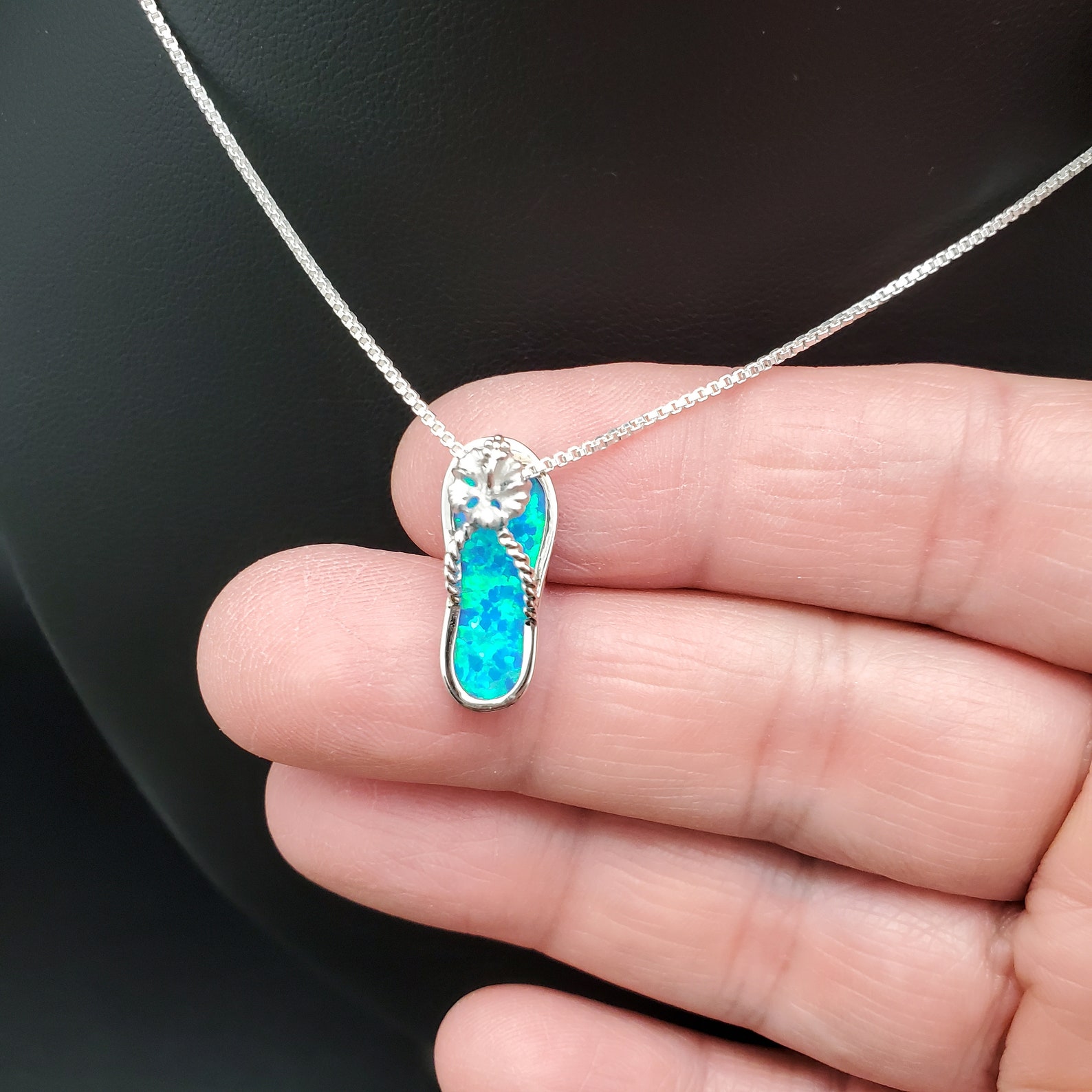 EMV #159 Dainty Blue Opal Inlay Flip Flop Necklace Pendant With Silver ...