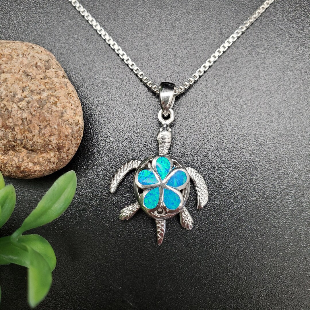 TULU #92 | Big Blue Opal Inlay Sea Turtle Necklace Pendant With Silver ...