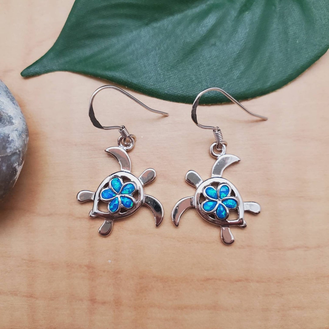EMV #71 Dainty Blue Opal Inlay Sea Turtle Dangle Earrings | Sterling ...