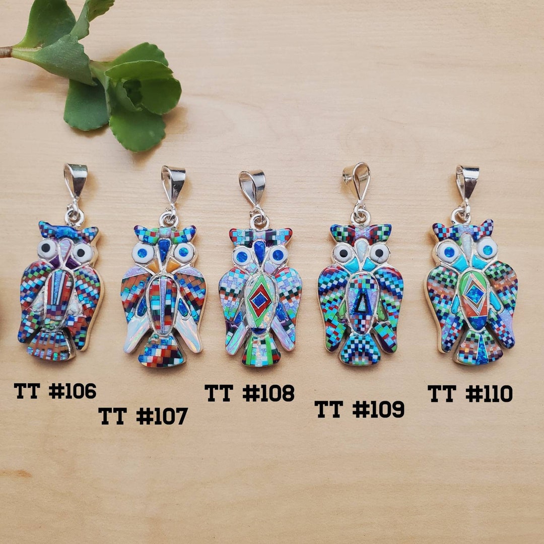 TT # Inlay Opal Multicolor Owl Necklace Pendant | Sterling Silver Inlay ...