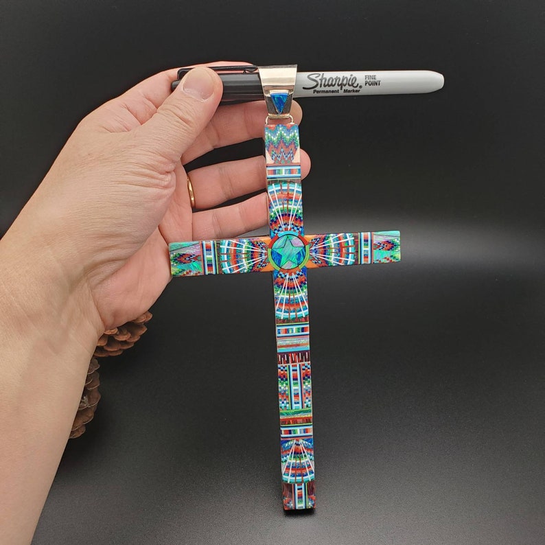 2 Sides Sterling Silver Multicolor Inlay Cross Pendant | One of A Kind ...