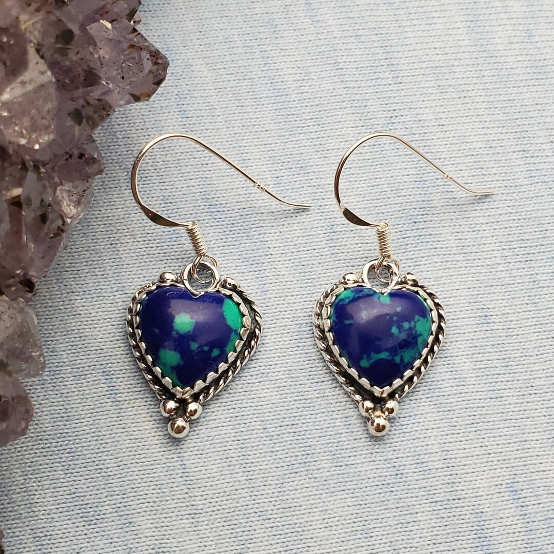 925forher Dainty Heart Earrings | Sterling Silver Azurite Malachite ...