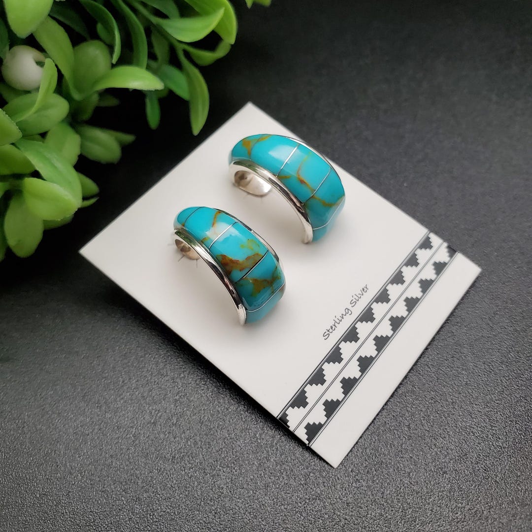 Lovely Turquoise Inlay Hoop Earrings | Kingman Turquoise Inlay Post ...