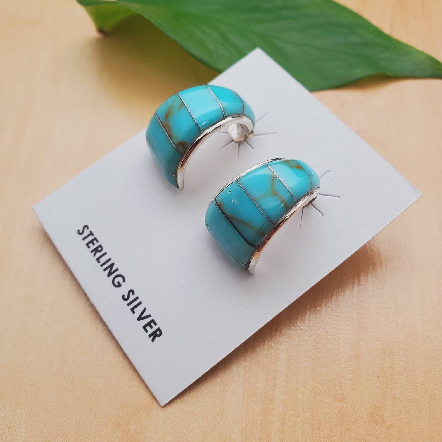 Lovely Turquoise Inlay Hoop Earrings | Kingman Turquoise Inlay Post ...