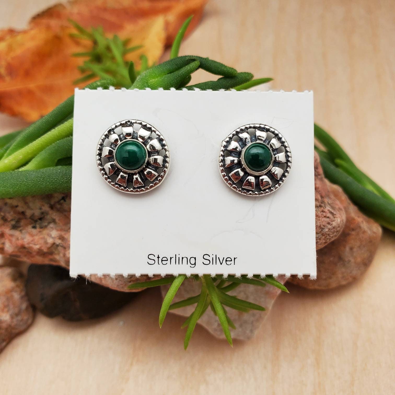 925forher Malachite Concho Earrings | Malachite Stud Earrings ...