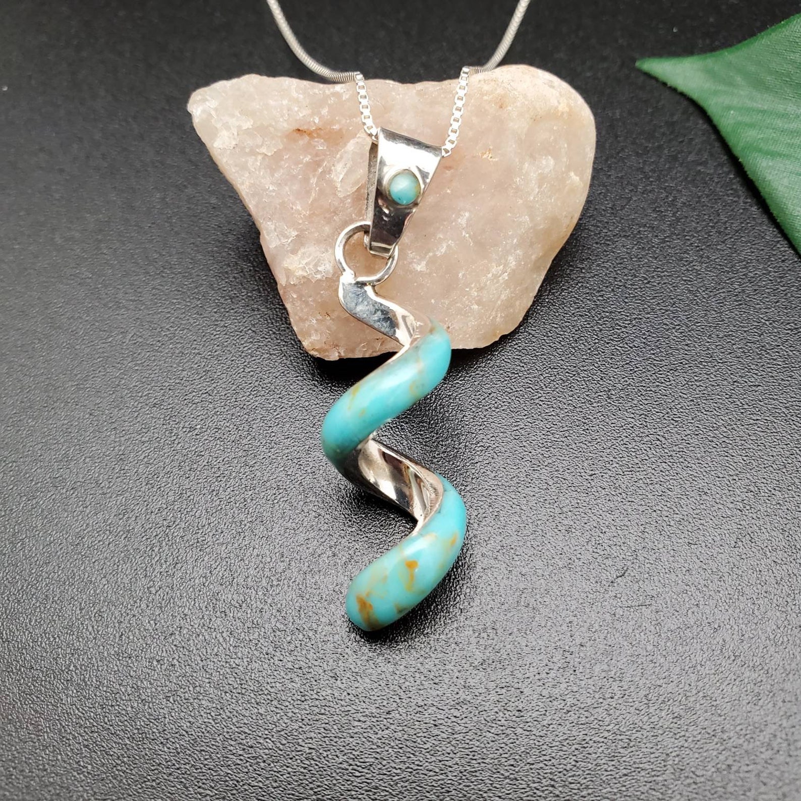 Swirl Inlay Turquoise Necklace Pendant With Silver Box Chain Necklace ...
