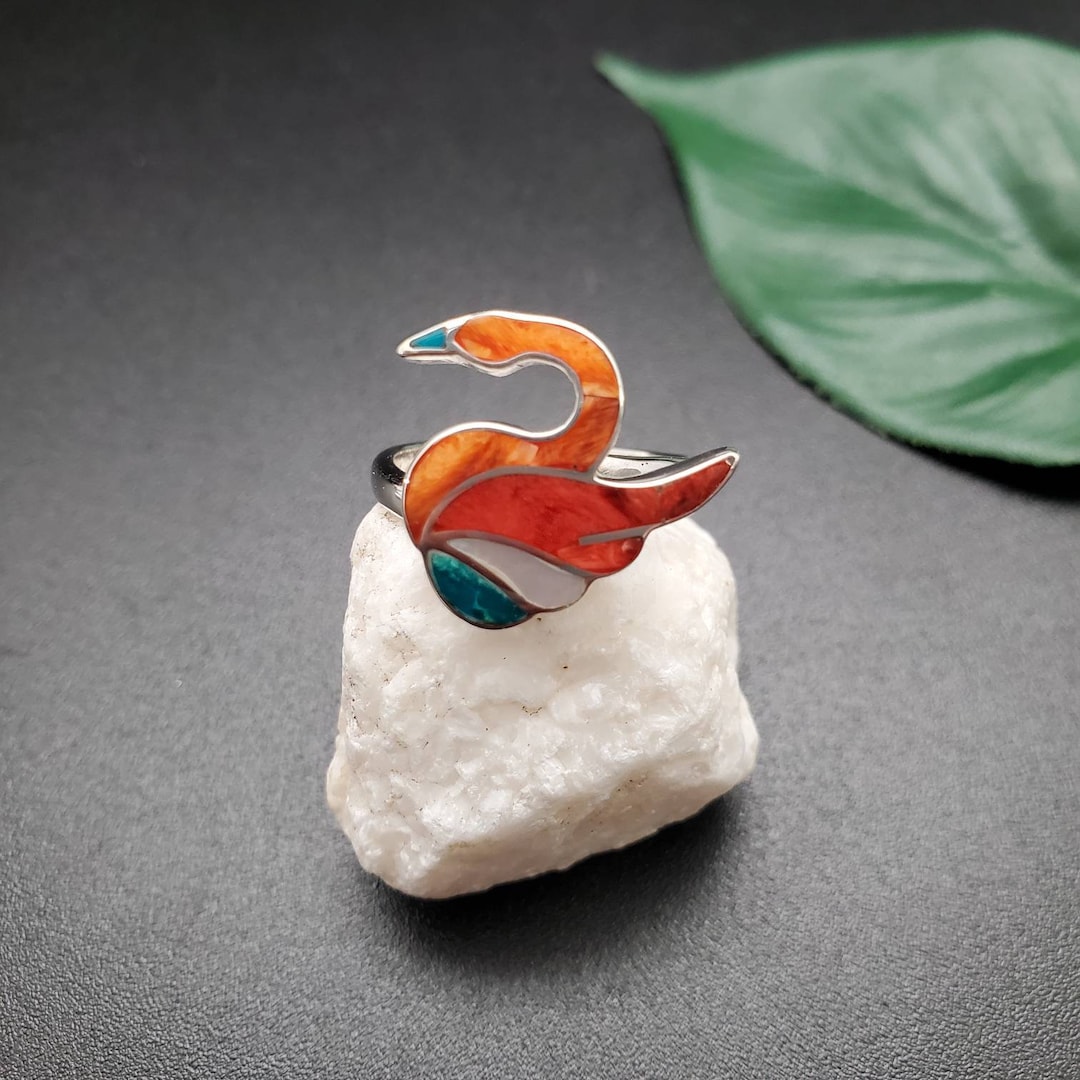 UH#109 Orange Spiny Oyster Inlay Swan Ring | Adjustable Inlay Ring Size ...