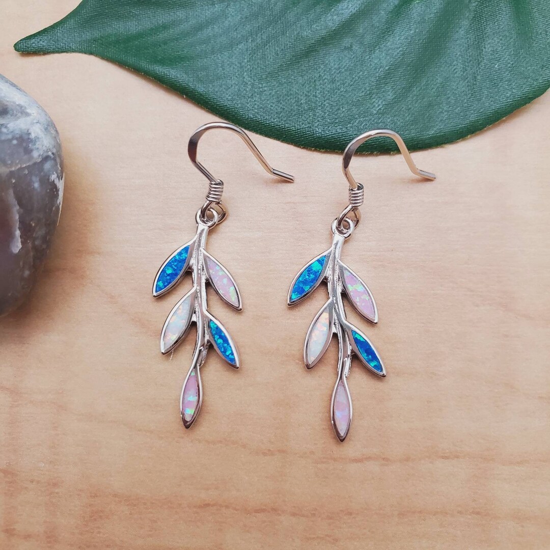 EMV #75 Multicolor Opal Inlay Leaves Dangle Earrings | Sterling Silver ...