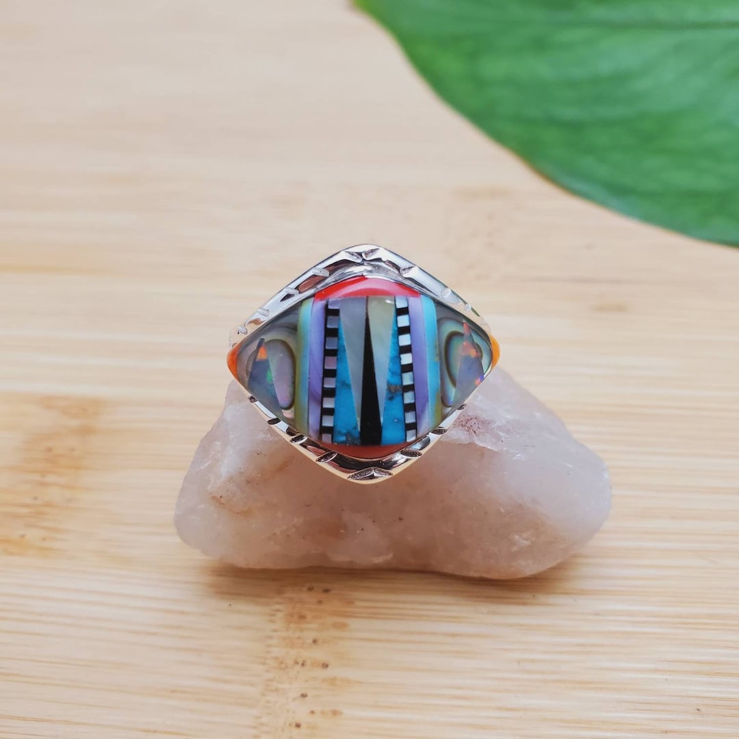 Inlay Ring 409 Lovely Multicolor Ring Size 9 3/4 US Sterling Silver ...