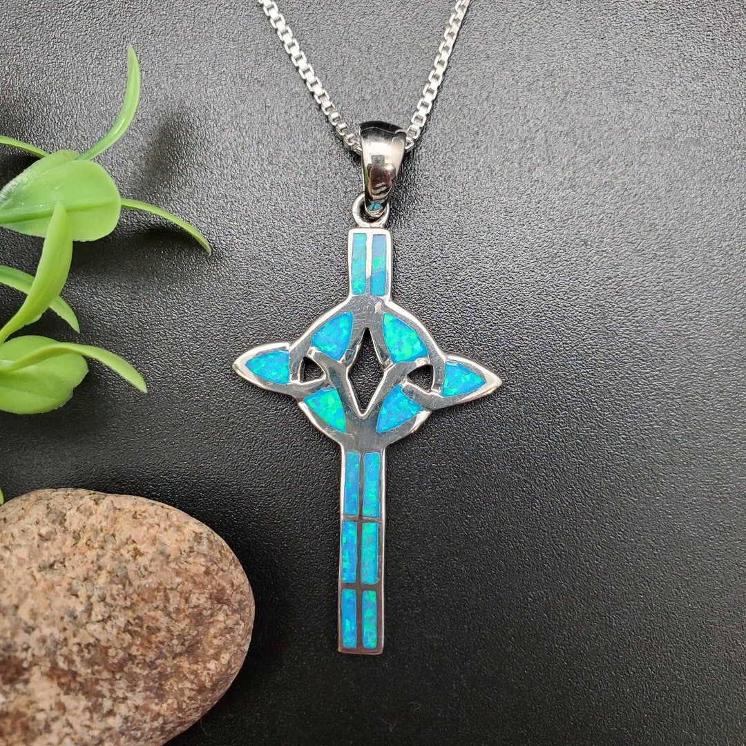 TULU #58 | Inlay Fire Blue Opal Blue Cross Necklace Pendant With Silver ...