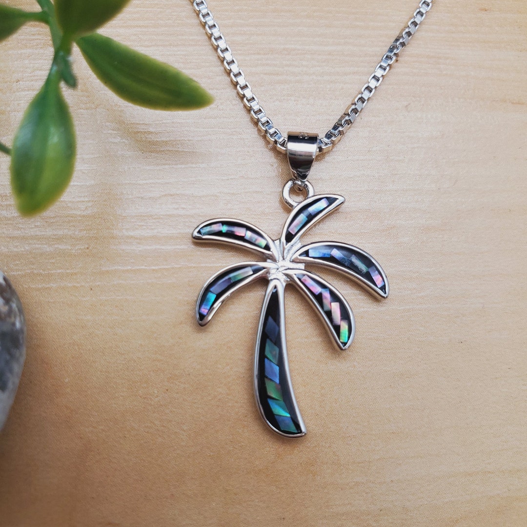 EMV #105 | Dainty Inlay Abalone Palm Tree Necklace Pendant With Silver ...