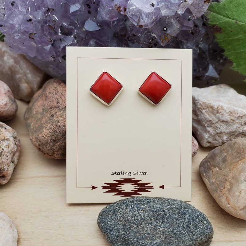Coral Square Stud Earrings - Etsy