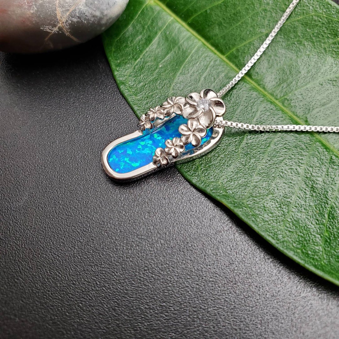 EMV #05 Dainty Blue Opal Inlay Flip Flop Necklace Pendant With Silver ...