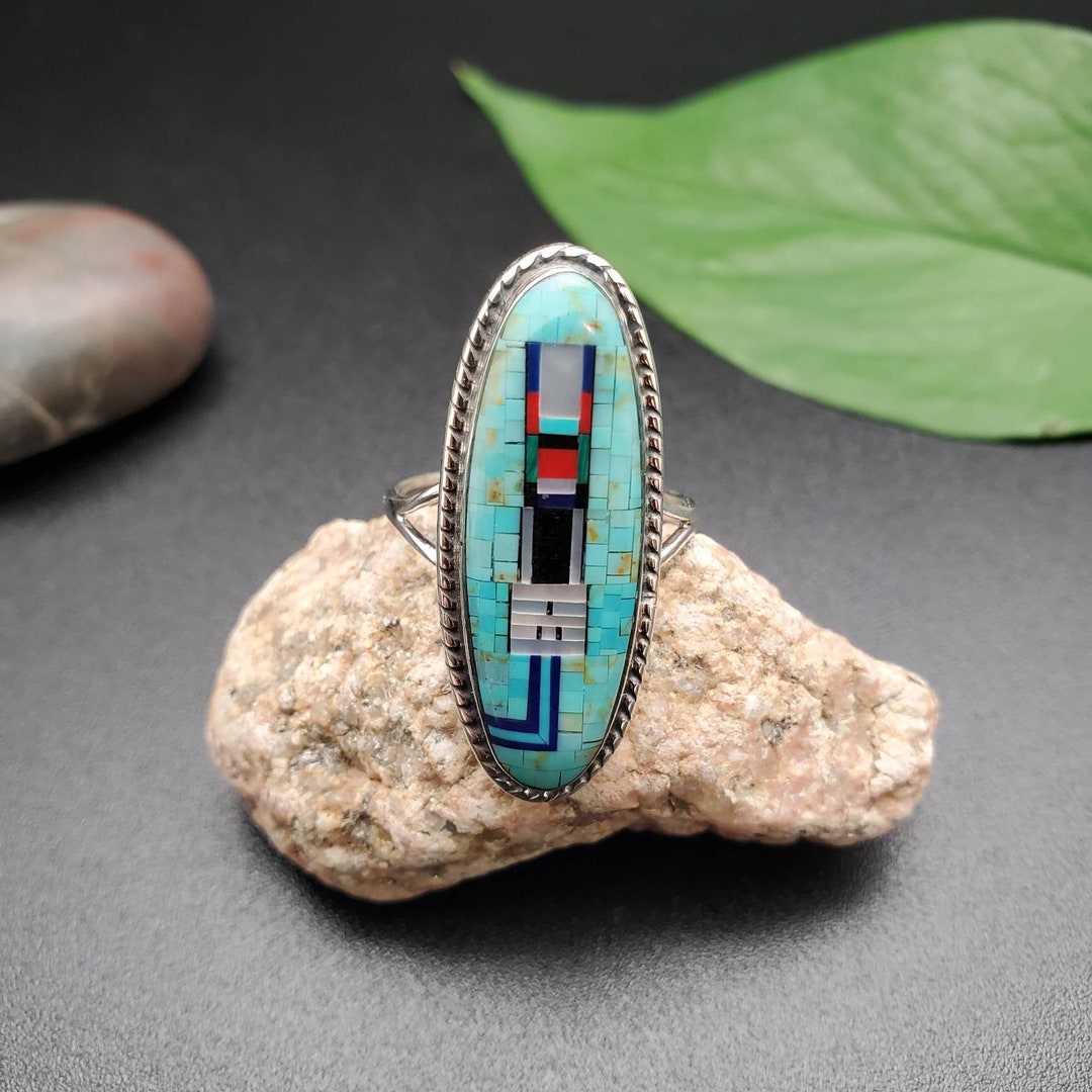Inlay Ring #447 | Lovely Long Oval Inlay Southwest Ring | Sterling ...