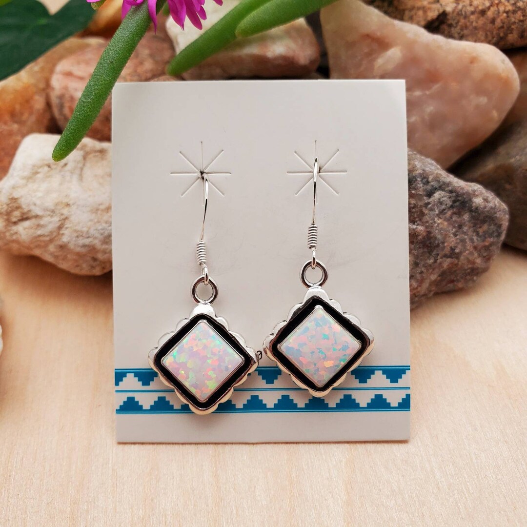 925forher Square Shadowbox White Opal Dangle Earrings | Fire White Opal Earrings | Sterling ...