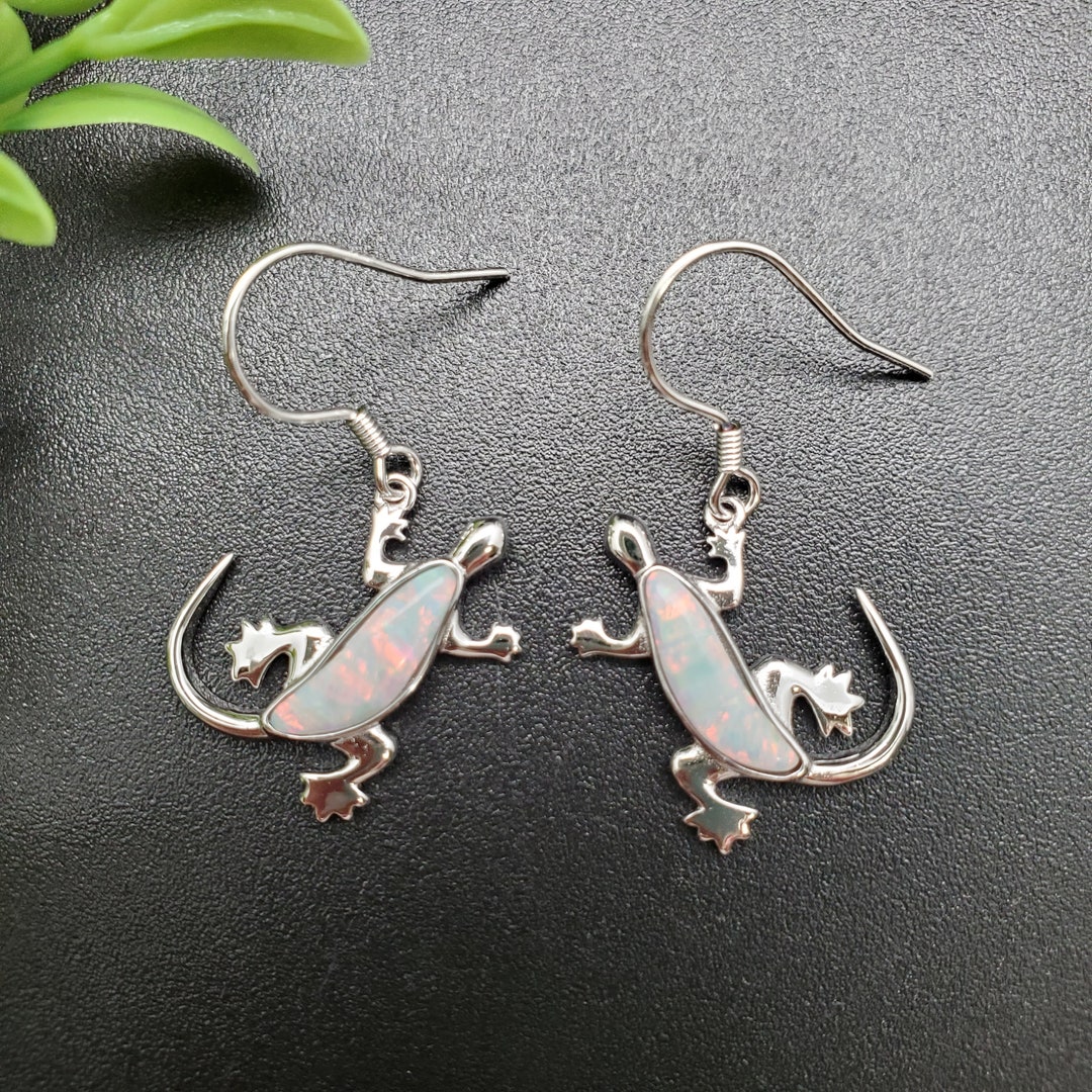 EMV #120 | White Opal Lizard Earrings | White Opal Gecko Dangle ...