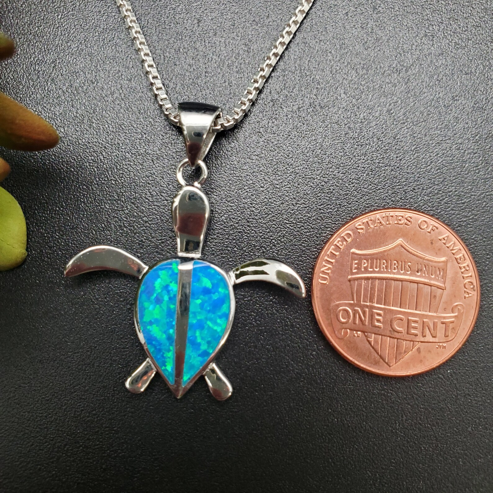 EMV #91 Dainty Blue Opal Inlay Sea Turtle Necklace Pendant With Silver ...