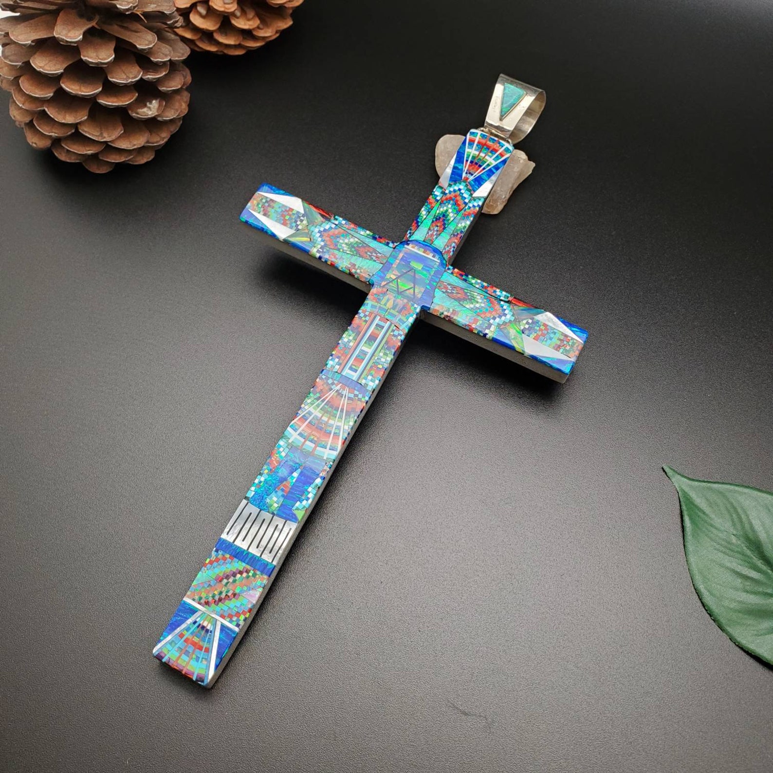 2 Sides Sterling Silver Multicolor Inlay Cross Pendant | One of A Kind ...