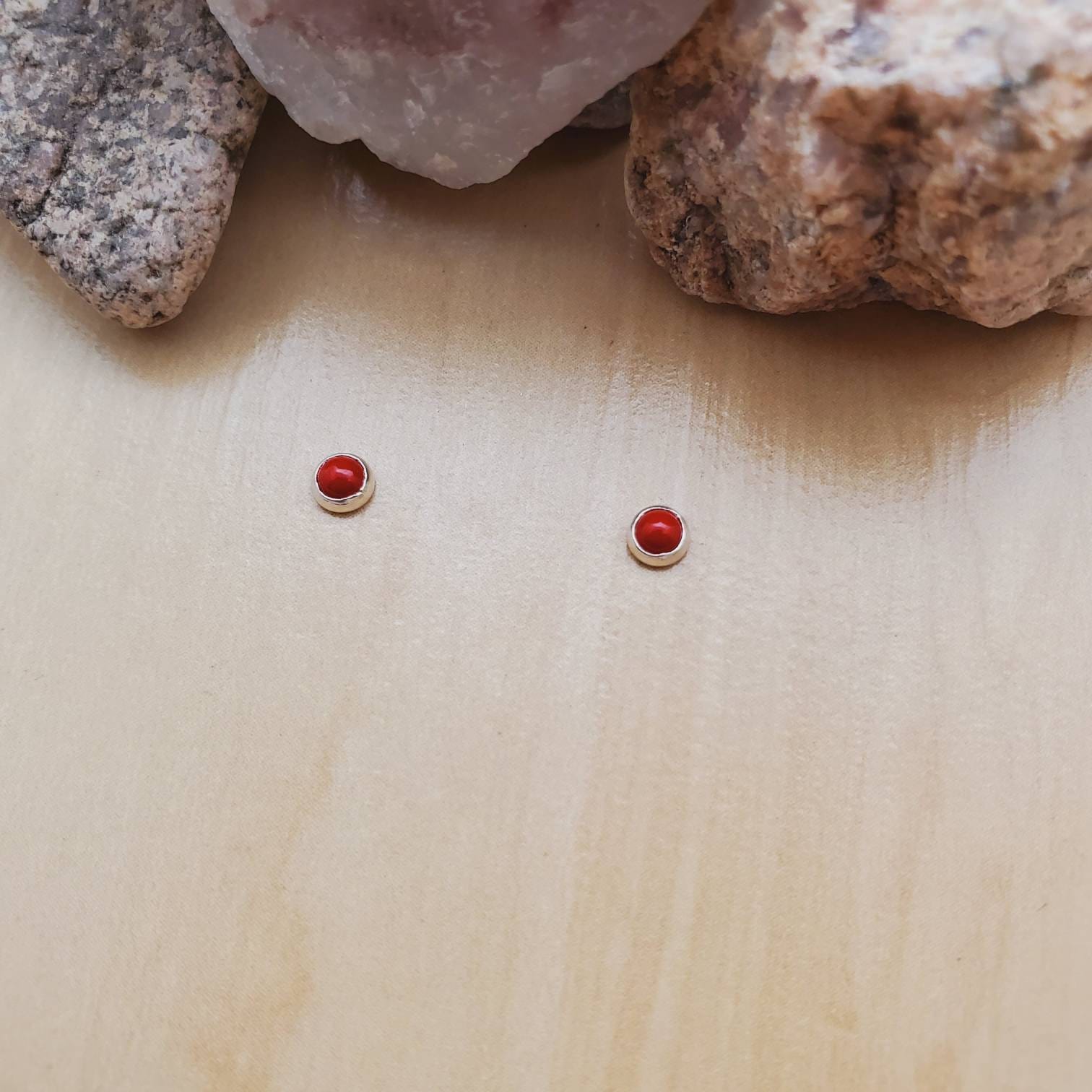 925forher 2mm Super Small Studs Tiny Red Coral Studs - Etsy