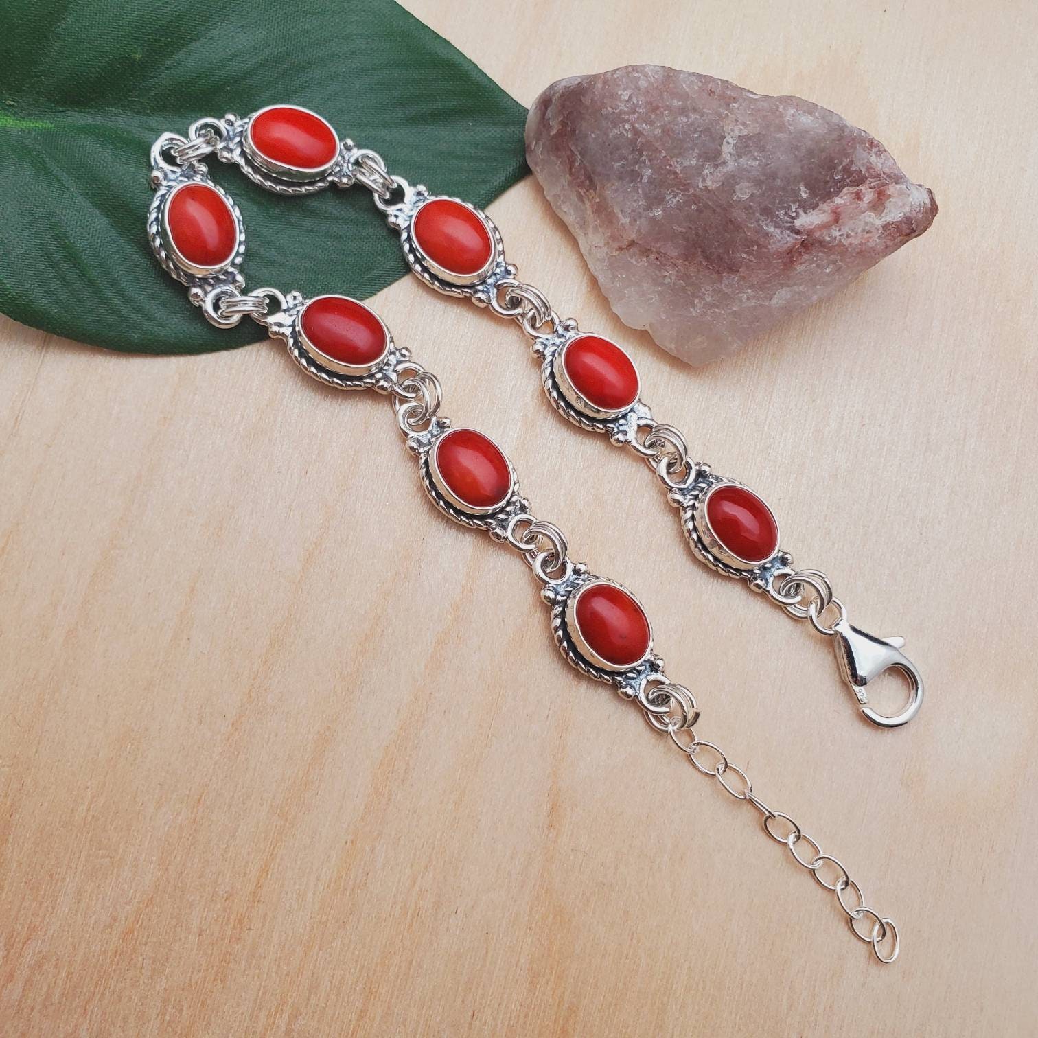 925forher Dainty Red Coral Bracelet Link | Red Coral Bracelet ...