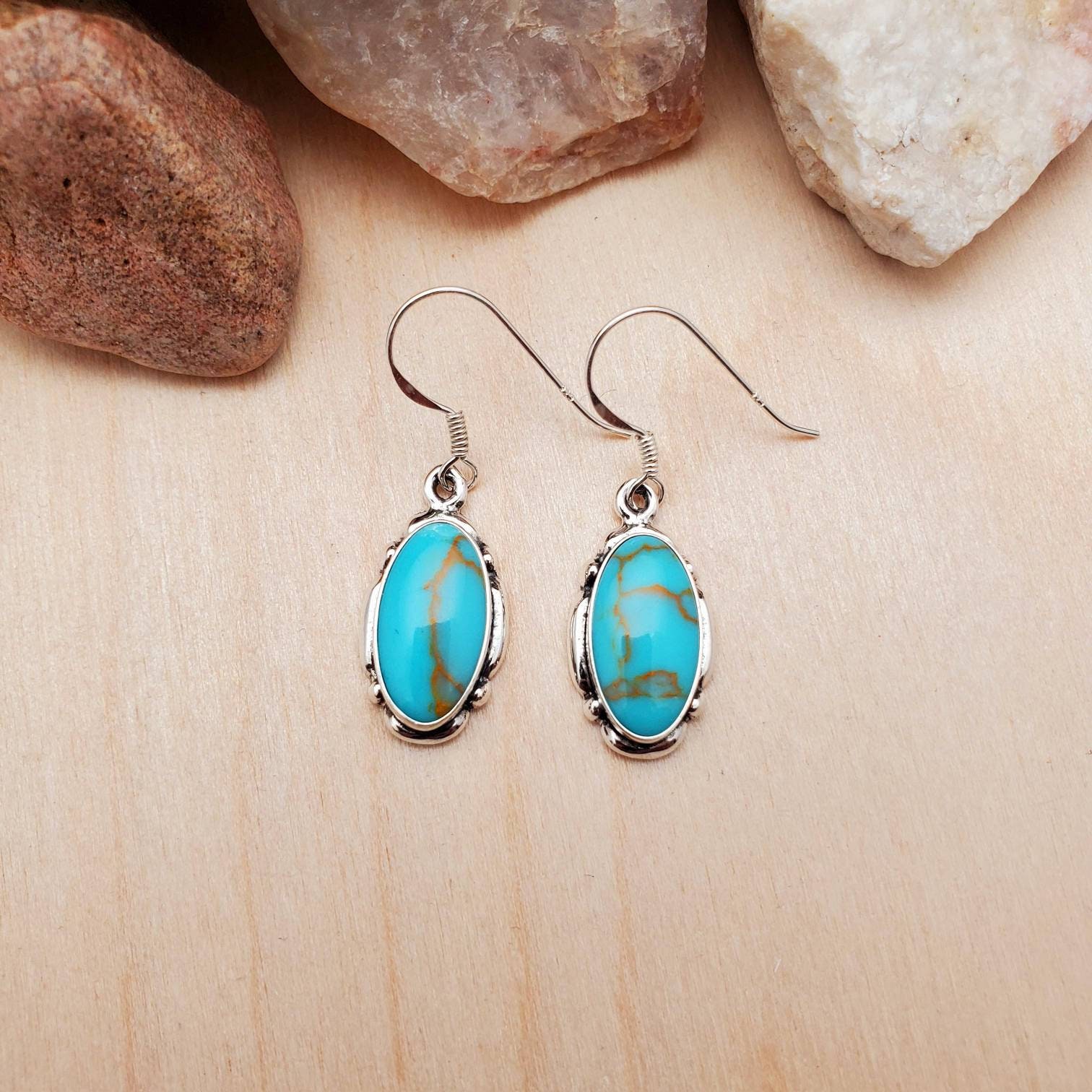 925ForHer Dainty Long Oval Turquoise Dangle Earrings Kingman | Etsy