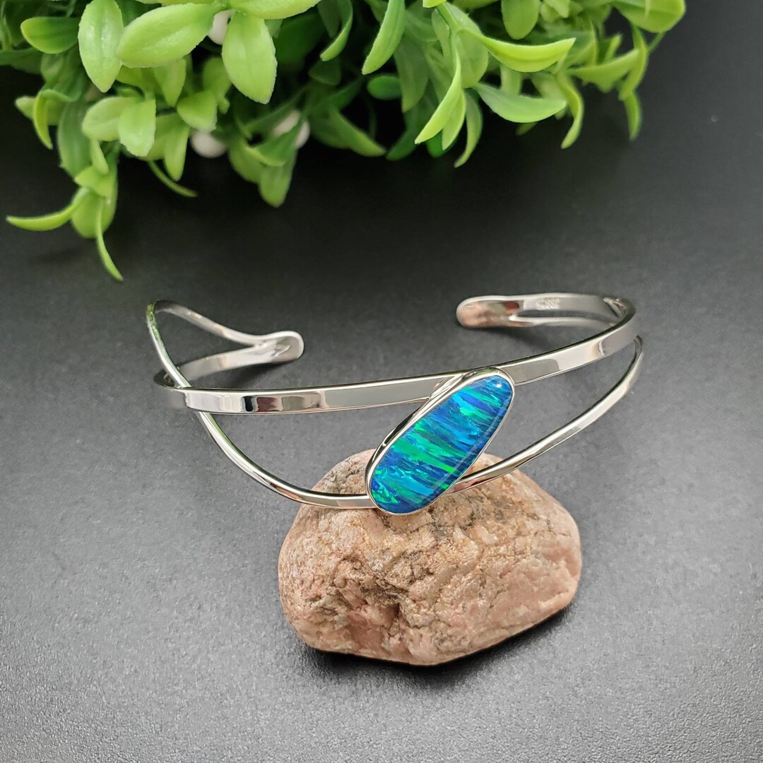 CONC#08 | Dainty Fire Opal Cuff Bracelet | Sterling Silver Opal Bracelet Cuff | Simple Opal ...