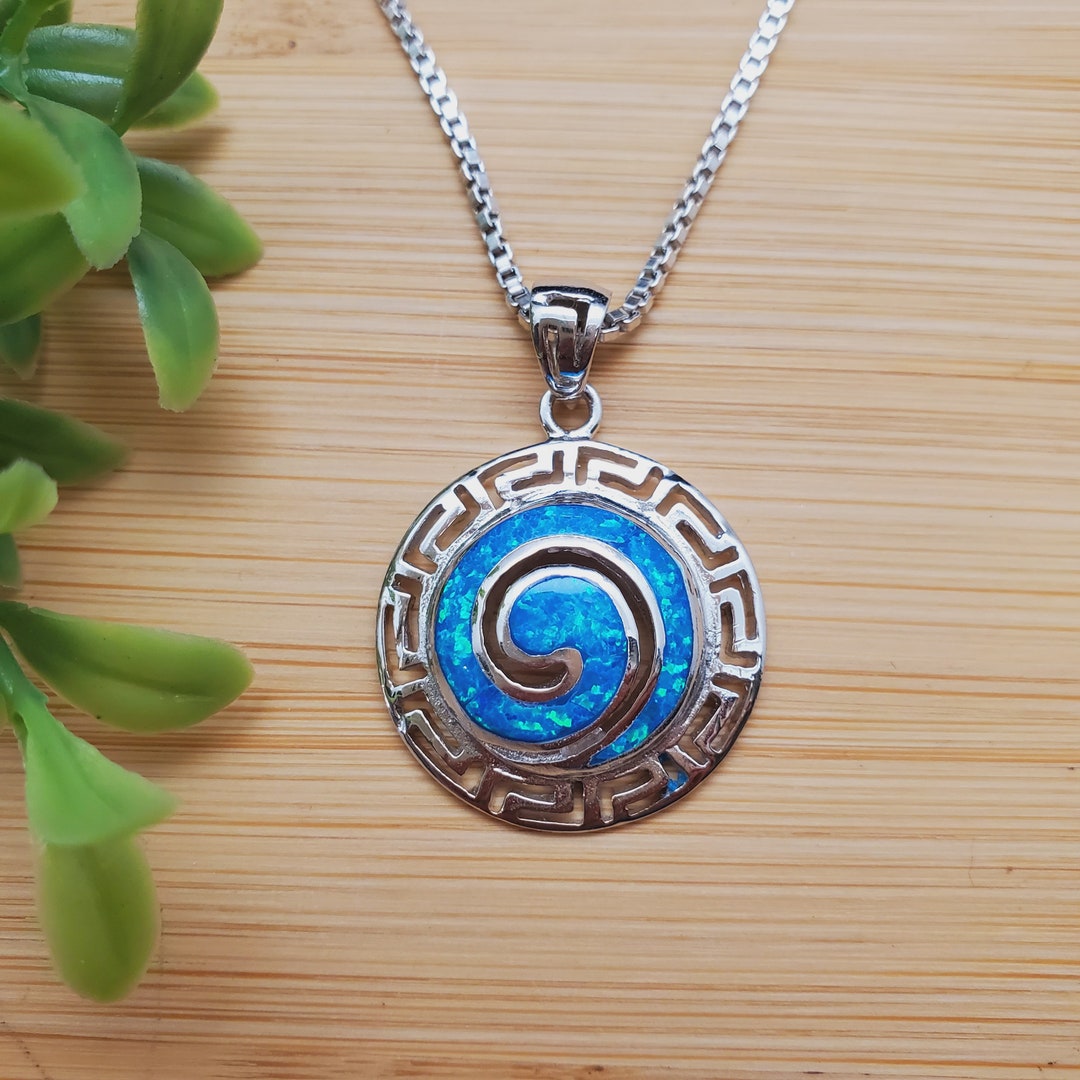 EMV #164 | Big Blue Opal Inlay Wave Necklace Pendant | Sterling Silver ...