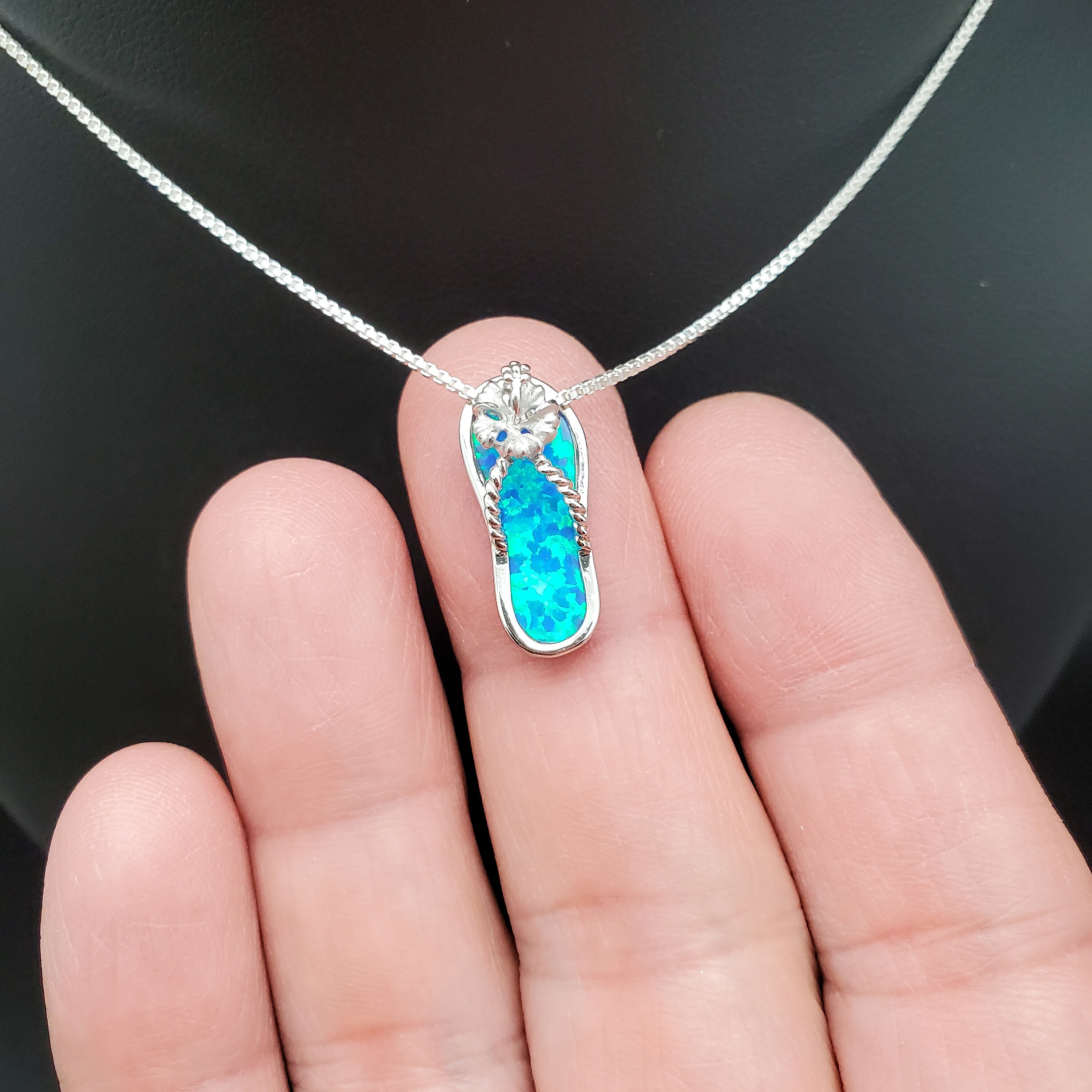 EMV #159 Dainty Blue Opal Inlay Flip Flop Necklace Pendant With Silver ...