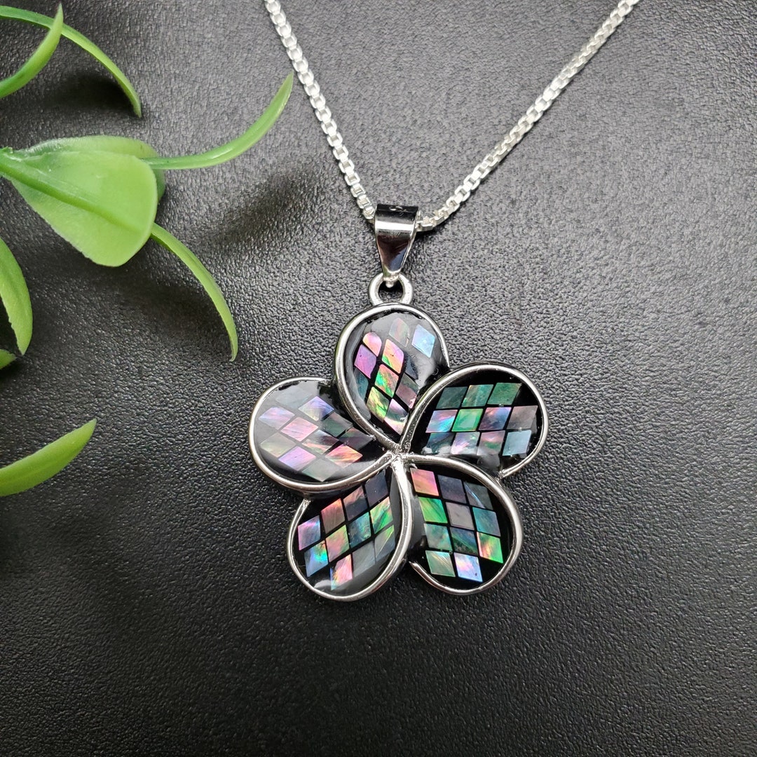 EMV #144 | Inlay Abalone Flower Necklace Pendant With Silver Chain ...