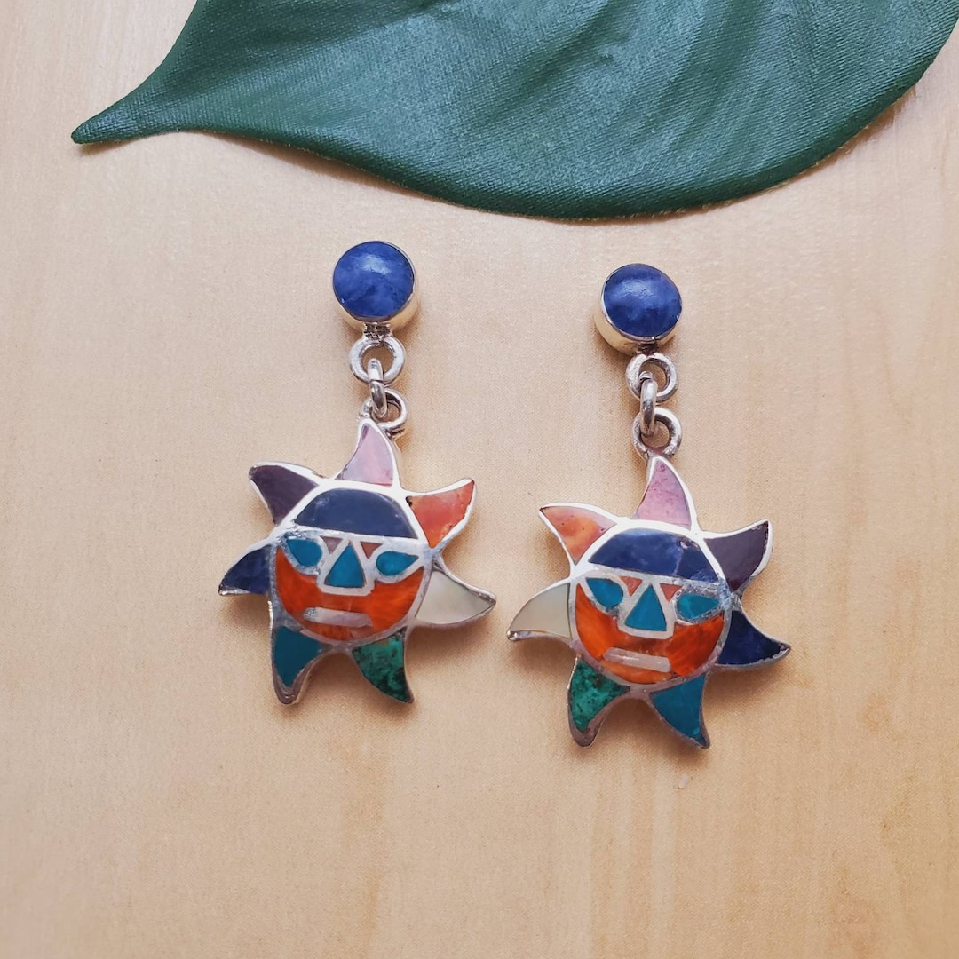 UH#60 Multicolor Pattern Inlay Sun Face Earrings | Inlay Multicolor Sun ...