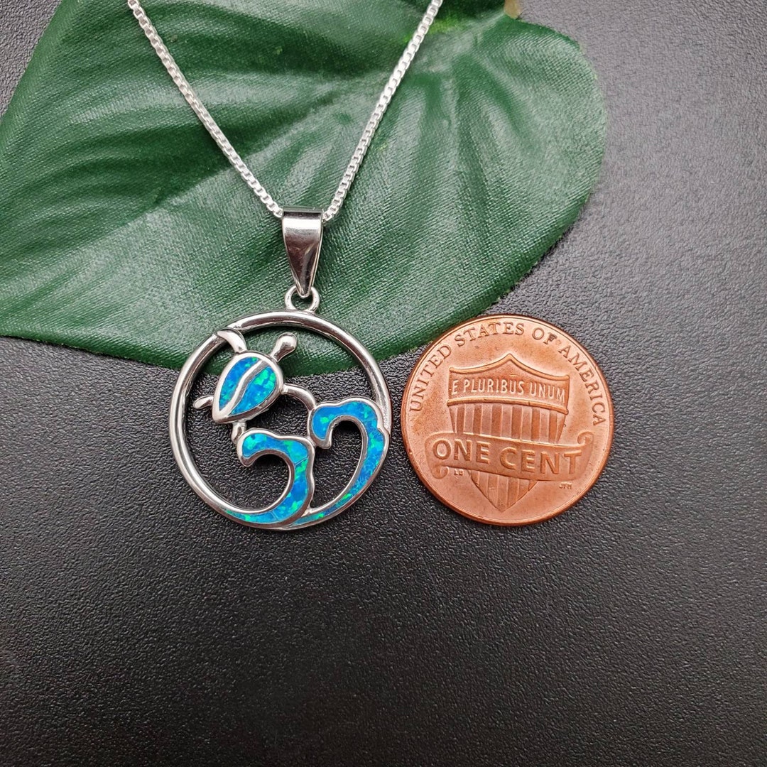EMV #31 Blue Opal Inlay Sea Turtle Wave Necklace Pendant With Silver ...