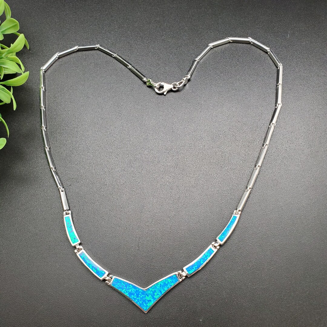 PLNT#353 | Inlay Fire Blue Opal Pendant Necklace 16.5 Inches | Sterling ...