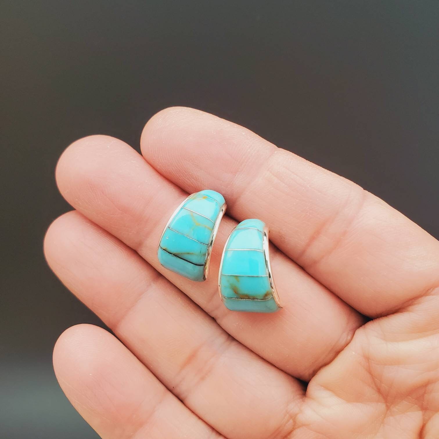 Lovely Turquoise Inlay Hoop Earrings | Kingman Turquoise Inlay Post ...