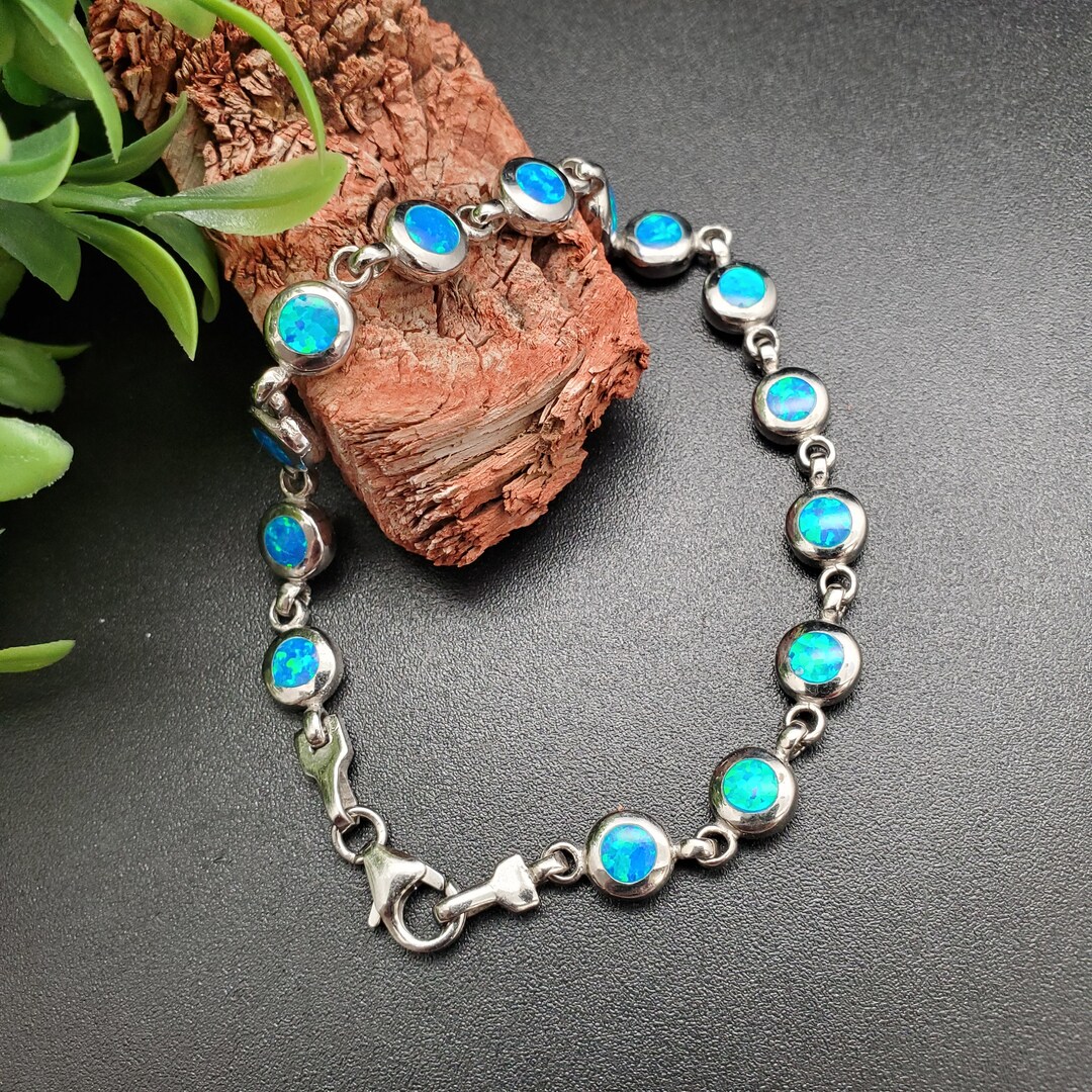 SAM #03 Blue Opal Inlay Link Bracelet 7 1/2 in | Sterling Silver Opal ...