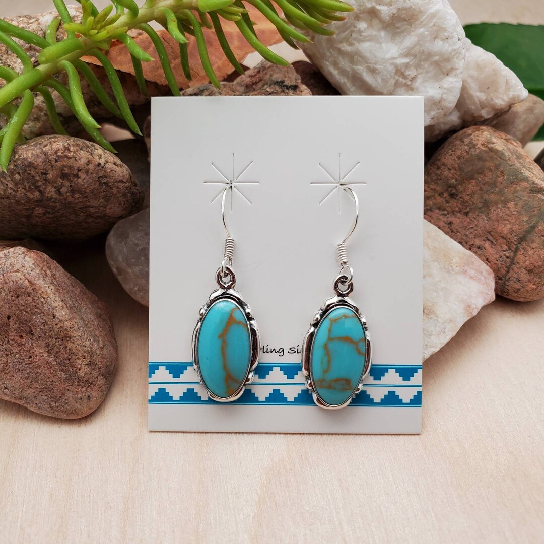 925forher Dainty Long Oval Turquoise Dangle Earrings | Kingman Turquoise Earrings | Sterling ...