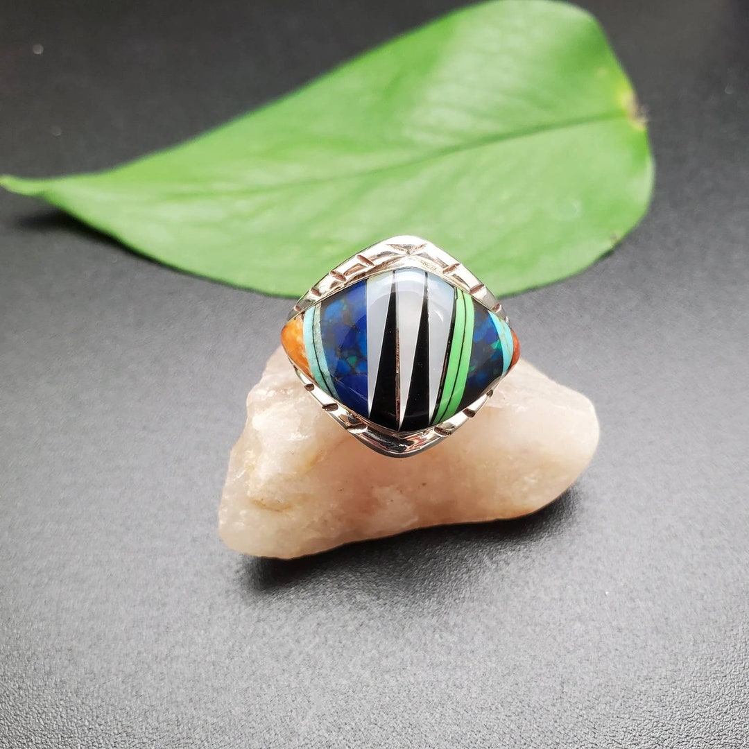 Inlay Ring #476 | Lovely Multicolor Inlay Southwest Ring Size 7 1/2 ...