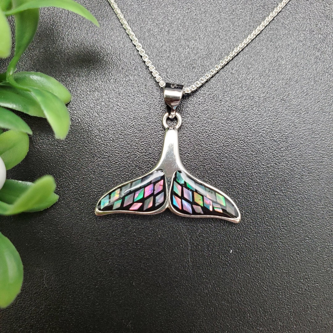 EMV #130 | Inlay Abalone Whale Tail Necklace Pendant With Silver Chain ...