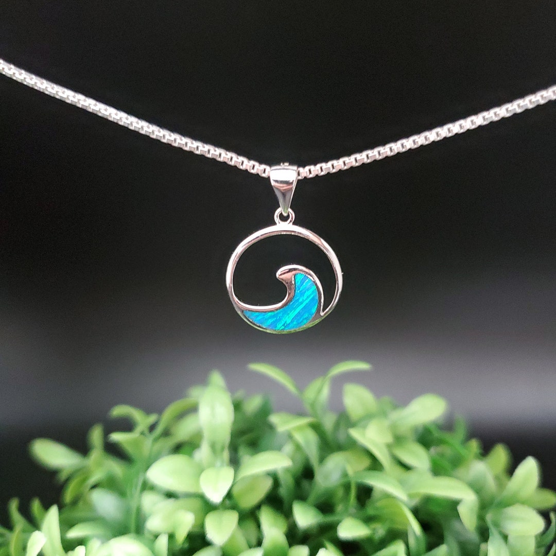 EMV #121 | Dainty Blue Opal Inlay Wave Necklace Pendant | Sterling ...