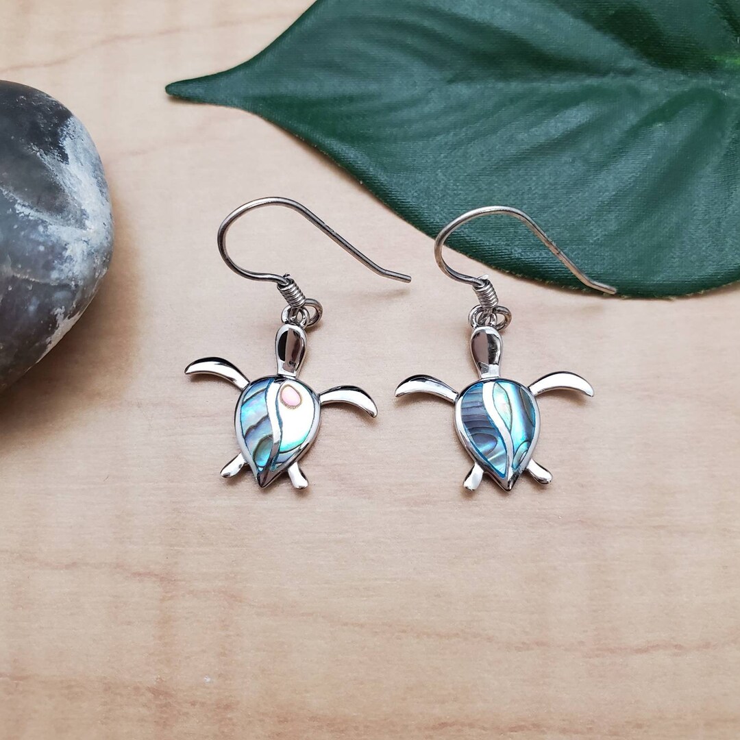 EMV #73 Dainty Abalone Inlay Sea Turtle Dangle Earrings | Sterling ...