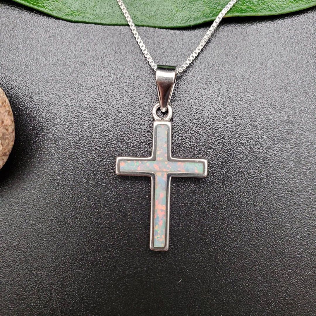 EMV #15 Dainty White Opal Inlay Cross Necklace Pendant With Silver ...