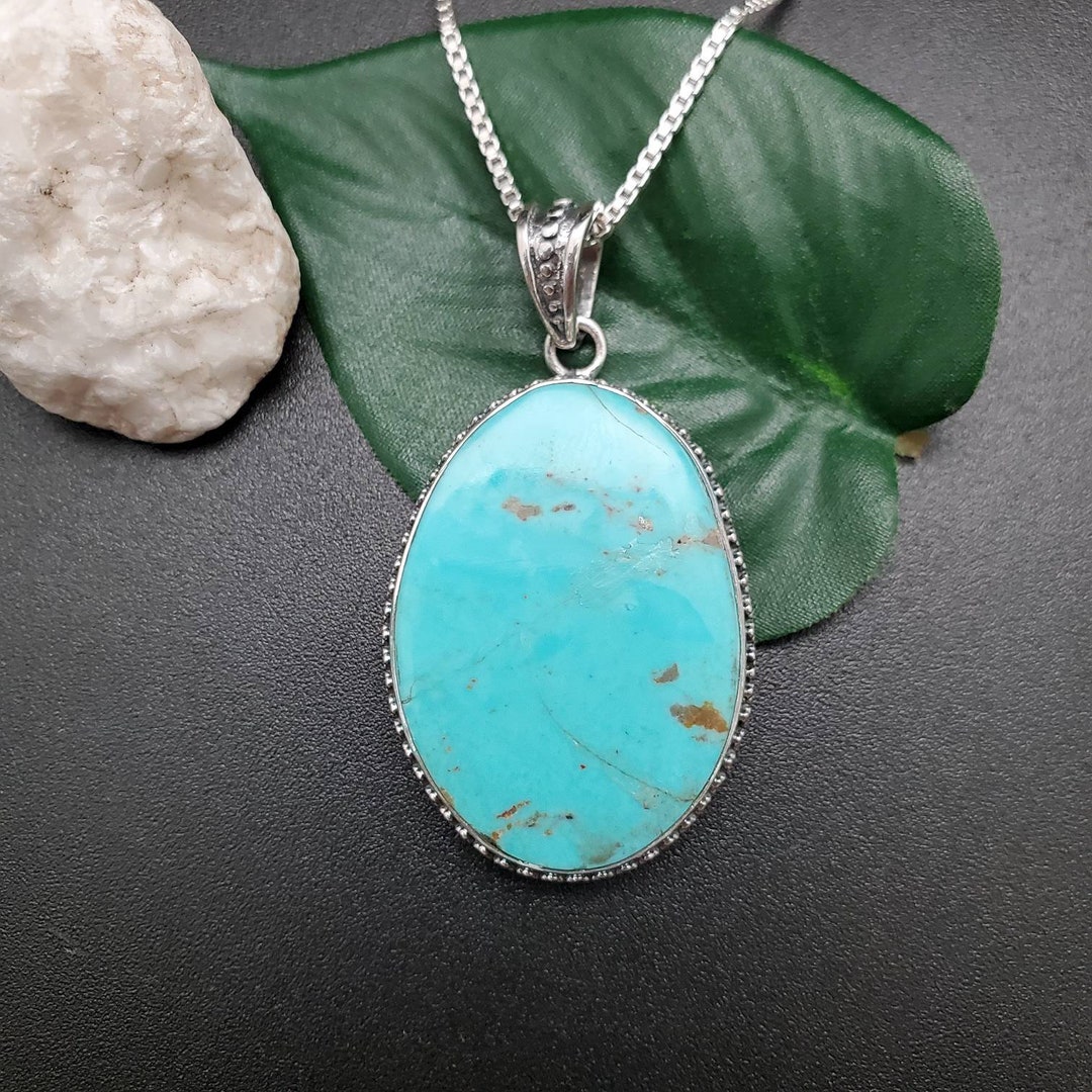 SC#10 Big Turquoise Necklace Pendant With Silver Chain | Sterling ...