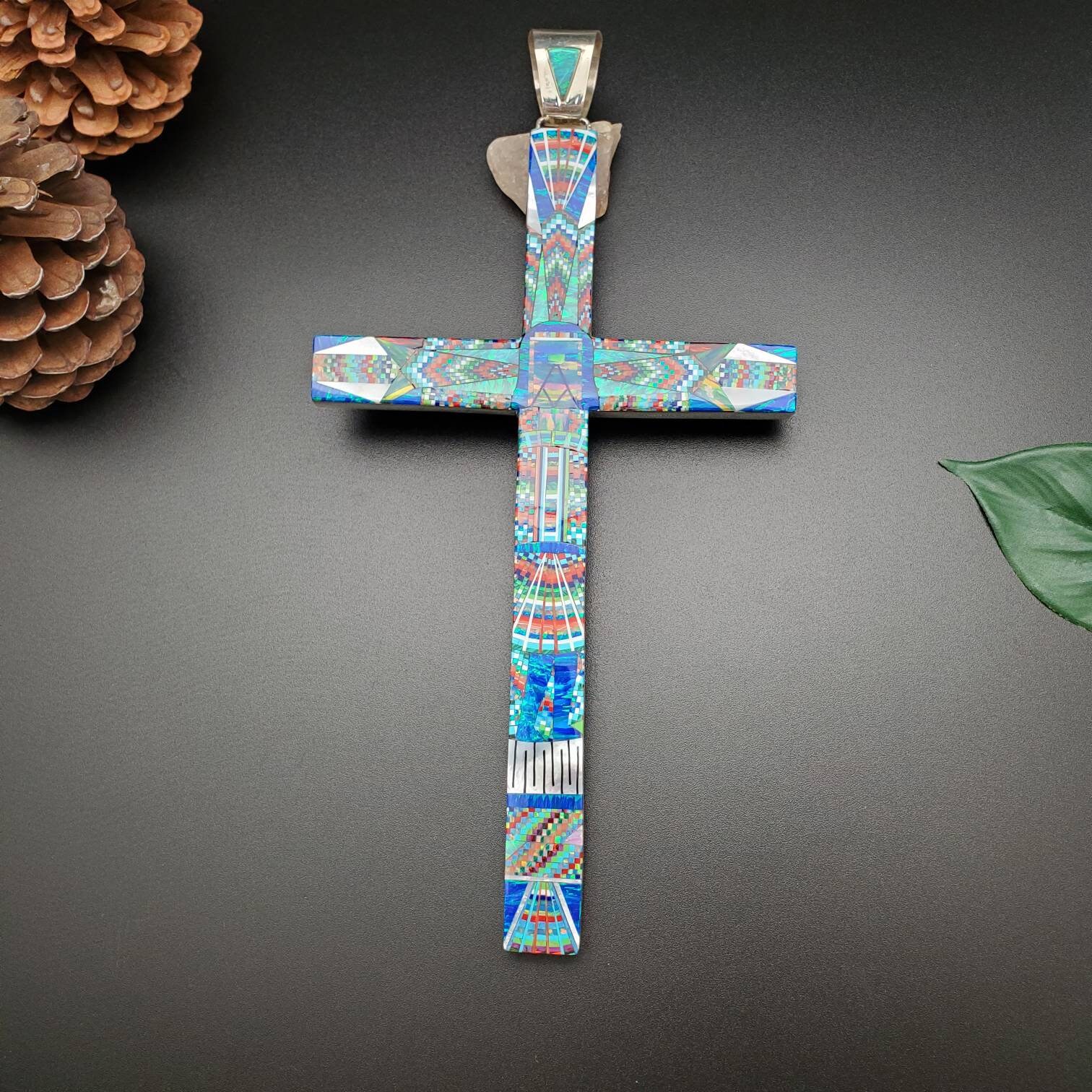 2 Sides Sterling Silver Multicolor Inlay Cross Pendant | One of A Kind ...