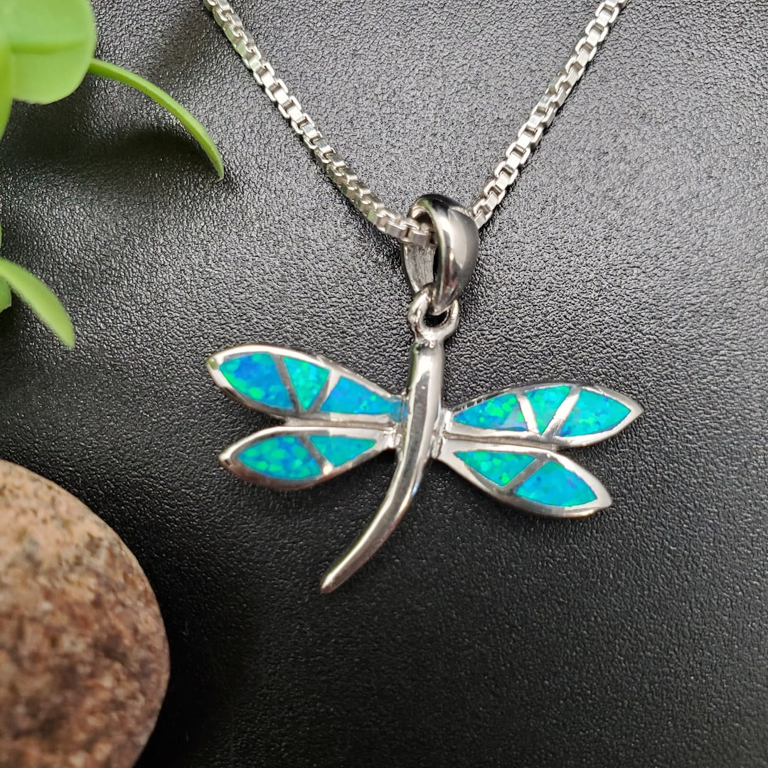 TULU #64 | Inlay Fire Blue Opal Dragonfly Necklace Pendant With Silver ...