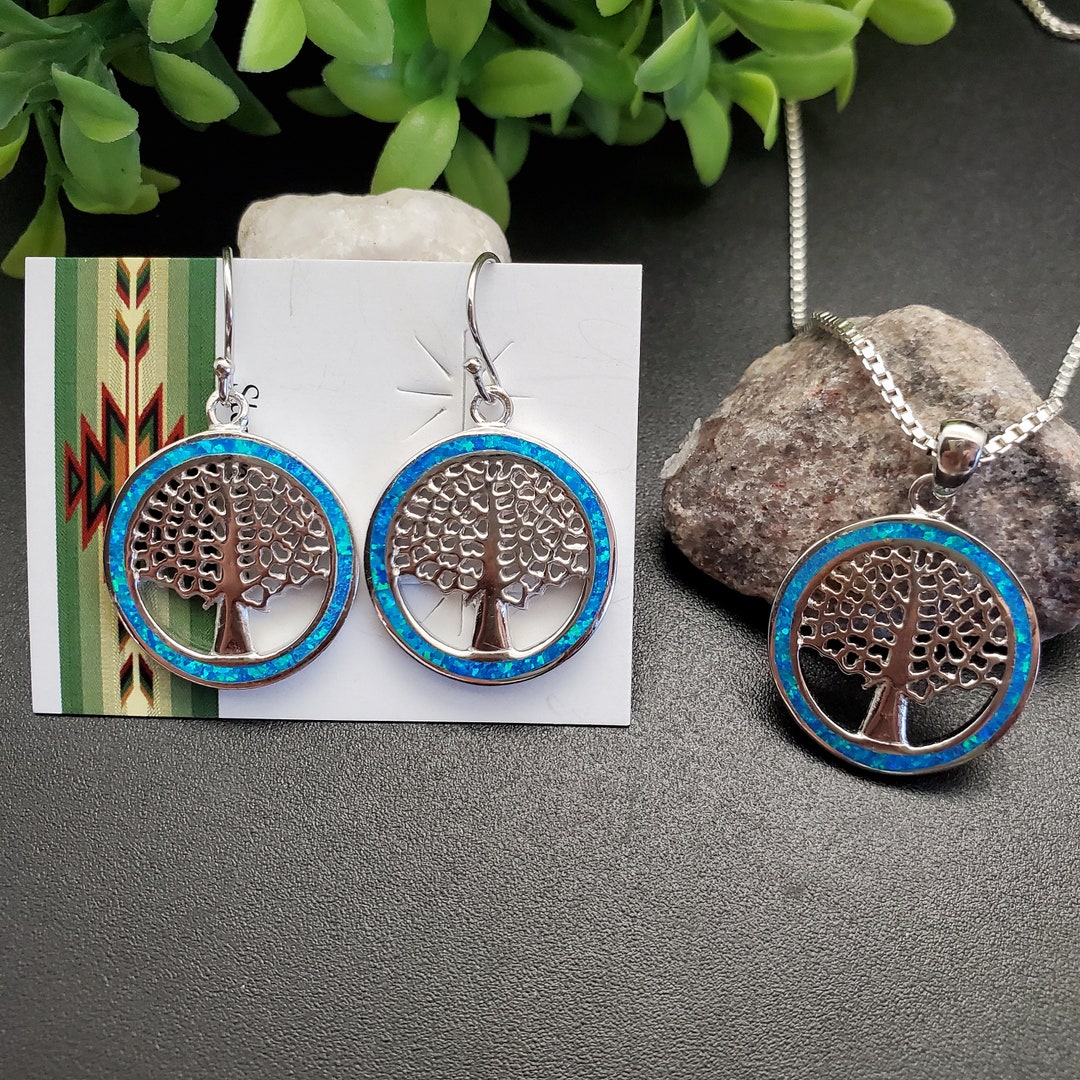 TULU #185 | Blue Opal Inlay Money Tree Necklace Pendant and Matching ...