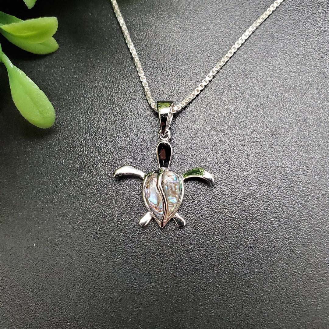 EMV #37 Small Abalone Inlay Sea Turtle Necklace Pendant With Silver ...